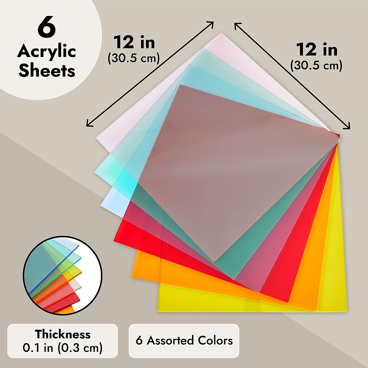 Okuna Outpost 6 Pack Colored Acrylic Sheets 1/8 Thick, Translucent Plastic Plexiglass for Laser Cutting (12x12 in, 6 Colors)
