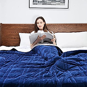 OMYSTYLE King Size Weighted Blanket 15lbs(88''x104'', Navy Blue / White), Reversible Weighted Blanket with Warm Short Plush and Cooling Tencel Fabric for All Season Use - Carry Bag Included