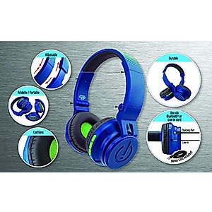 eKids Wireless Bluetooth Kids Headphones with Microphone, Portable Volume Reduced to Protect Hearing Rechargeable Battery, Adjustable Kids Headband for School Home or Travel Blue﻿