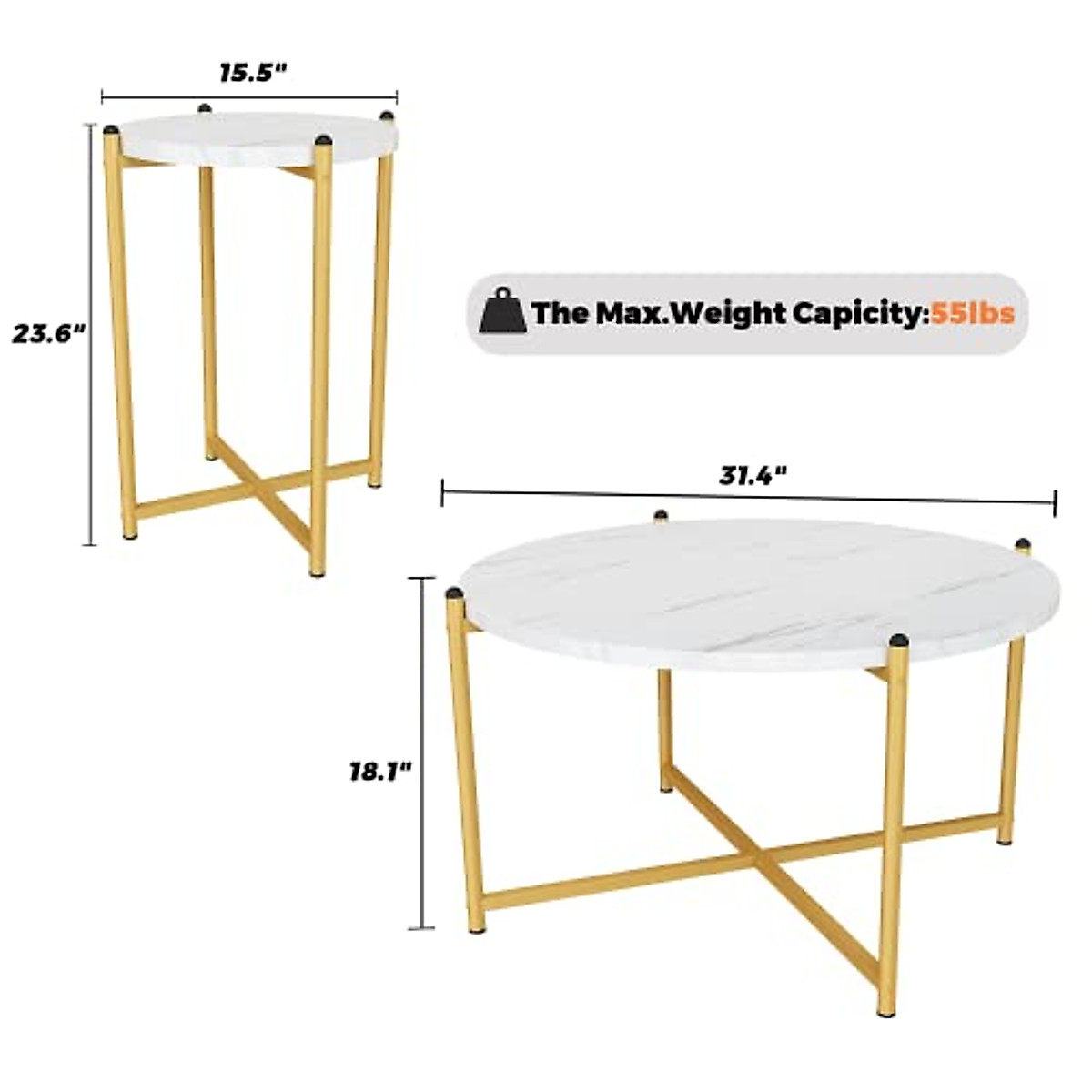 AWQM Faux Marble Coffee Table Set of 3, 1 Coffee Table & 2 Sofa Table, Round Tabletop and Metal Cross Base Frame,Perfect for Living Room Apartment, White & Gold
