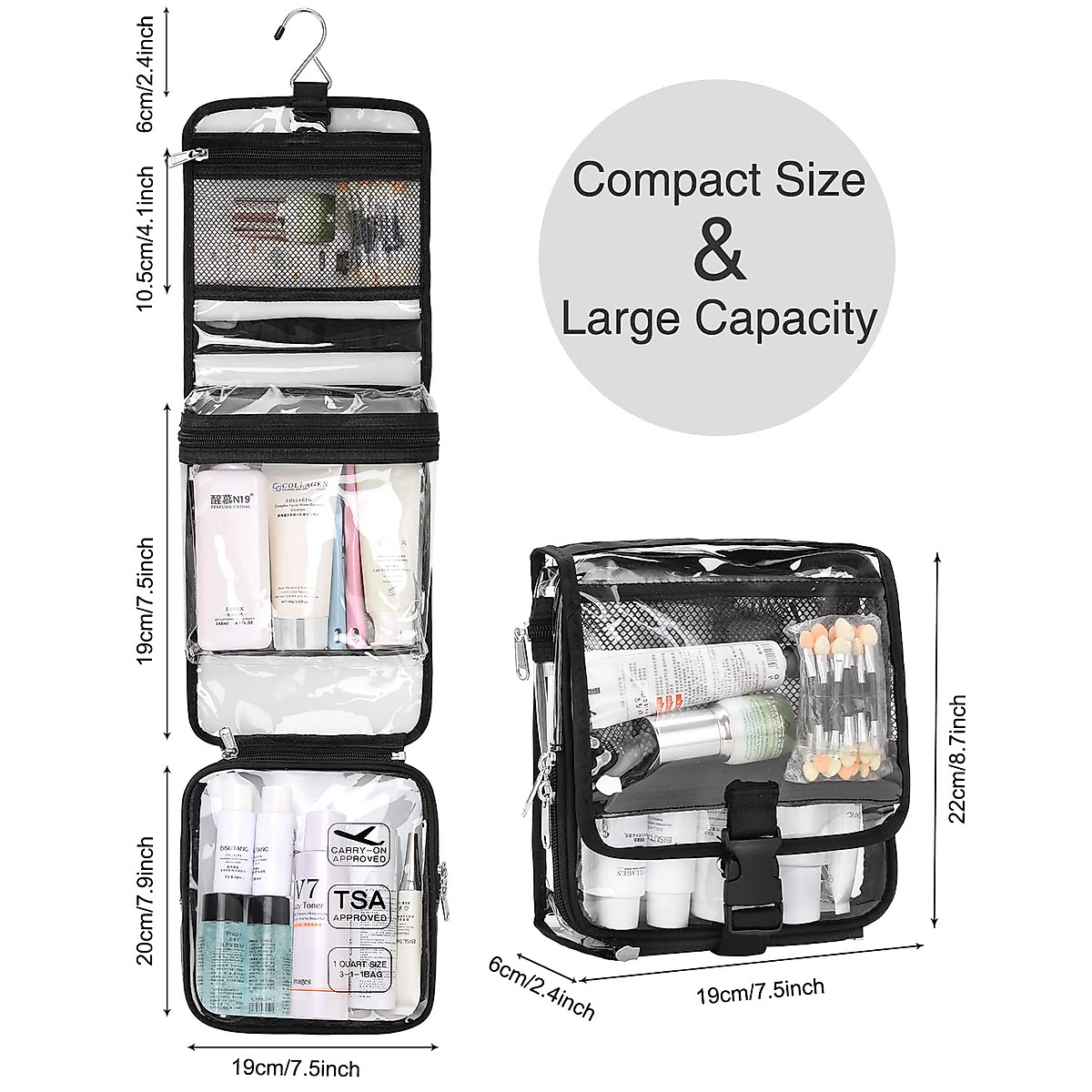 Relavel Hanging Toiletry Bag TSA Approved Clear Toiletry Bag for Women and Men 2 in 1 Removable TSA Liquids Travel Bag Waterproof Carry On Airline 3-1-1 Compliant Bag Quart Sized Luggage Pouch (Clear)