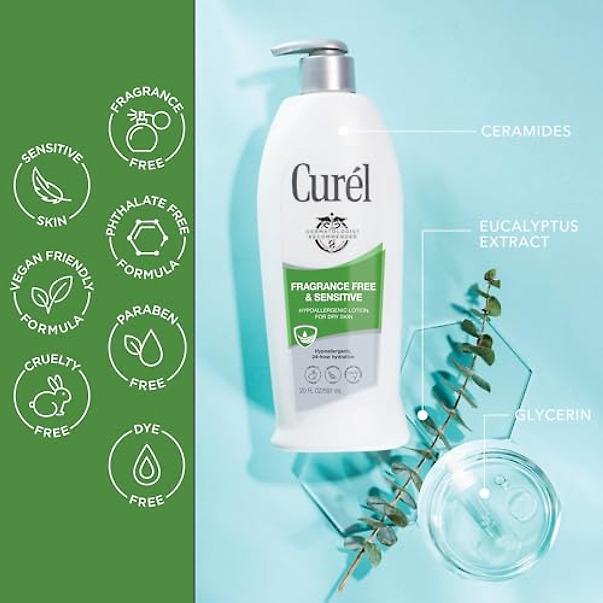 Curel Fragrance Free Comforting Body Lotion, Unscented Dry Skin Moisturizer for Sensitive Skin, with Advanced Ceramide Complex, Repairs Moisture Barrier, 20 oz