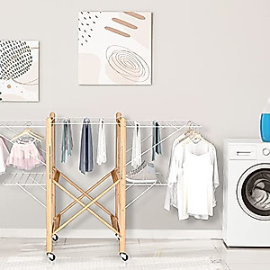 tonchean Collapsible Drying Racks for Laundry with Wheels, Heavy Duty Commercial Foldable Laundry Drying Rack Wooden Clothes Drying Rack Free Standingwith Adjustable Iron Wings