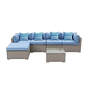SUNBURY 6-Piece Outdoor Sectional Wicker Sofa in Blue, w 4 Pillows in Psychedelic Colors ?¡ìC Elegant Patio Furniture Chair and Table Set for Backyard Garden Pool
