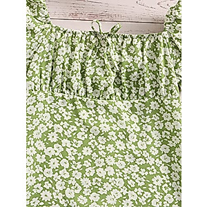 Verdusa Girl's Floral Print Puff Sleeve Square Neck Short A Line Dress Mint Green 10Y