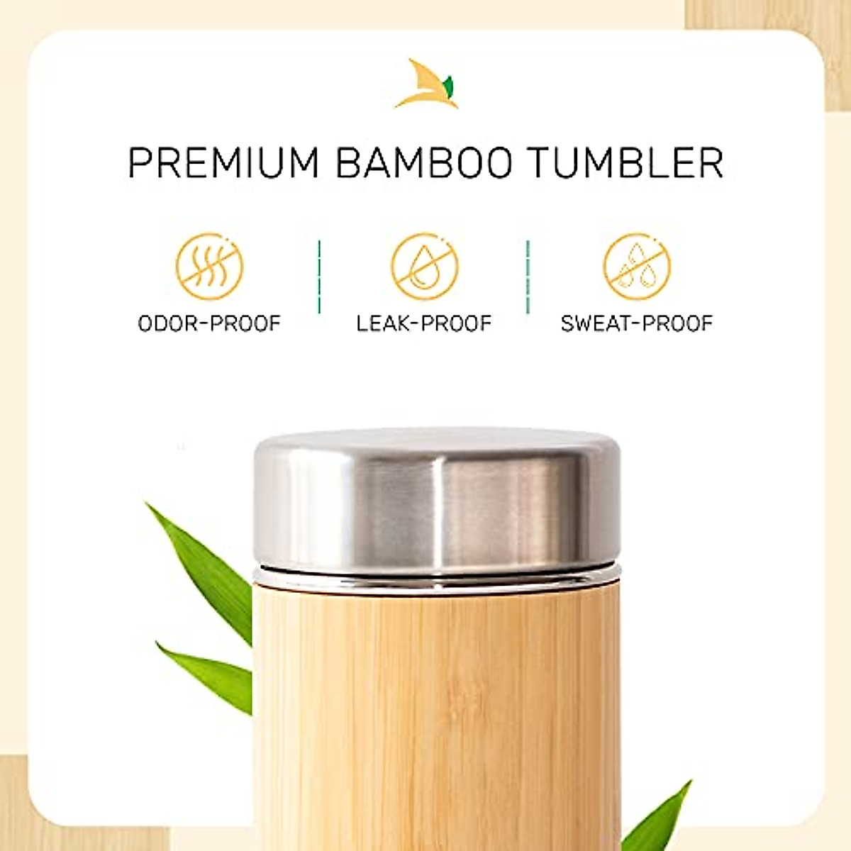 Bamboo Tumbler with Tea Infuser Bottle Loose Leaf Strainer – Advanced Double Insulated Stainless Steel Travel Thermos - Best Gift for Tea Lovers - Leak-Proof Hot Coffee Mug, Fruit Water Bottle (17 oz)