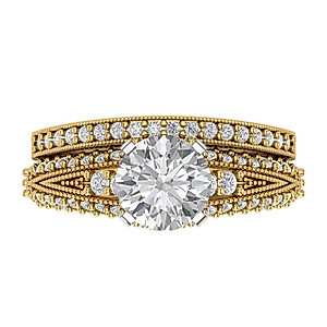 1.99 ct Round Cut Clear Simulated Diamond 14k Yellow White Gold Solitaire W/Accents Wedding Bridal Ring Band Set Sz 9