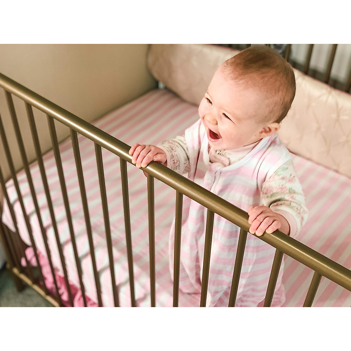 BaeBae Goods Fitted Baby Crib Sheets for Girls, 3 Pack, Soft and Breathable Jersey Cotton, Pink and White, Cute Girly Nursery Mattress Bedding, Universal Fit