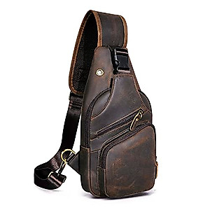 Le'aokuu Men Fashion Casual Tea Designer Travel Hiking Crossbody Chest Sling Bag Rig One Shoulder Strap Bag Men Leather Backpack 8015 (Brown)