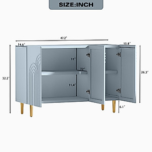 HLR Buffet Cabinet with Storage and 3 Doors, 47" Modern Wood Accent Storage Cabinet with Relief Patterned Doors, Sideboard Cabinet Credenzas for Living Room, Dining Room, Kitchen, Entryway, Blue