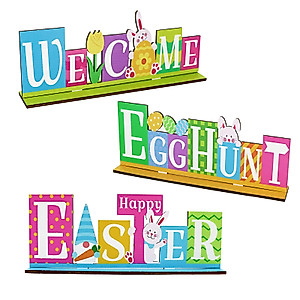 Bunny Chorus 3 Pcs Happy Easter Decorations,Easter Gifts Decor for Spring,Easter Table Wooden Decor,Bunny and Eggs Signs for Easter Holiday,Easter Decorations Clearance