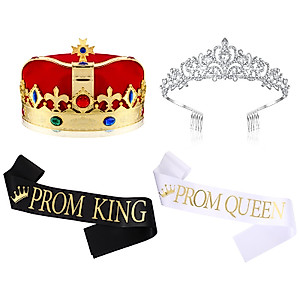 Saintrygo Prom King and Prom Queen 80s Party Favors Crowns Tiara Sash Shiny Satin Adults Cosplay 2024 Grad Crown Sash(4 Pcs, Vintage Style)