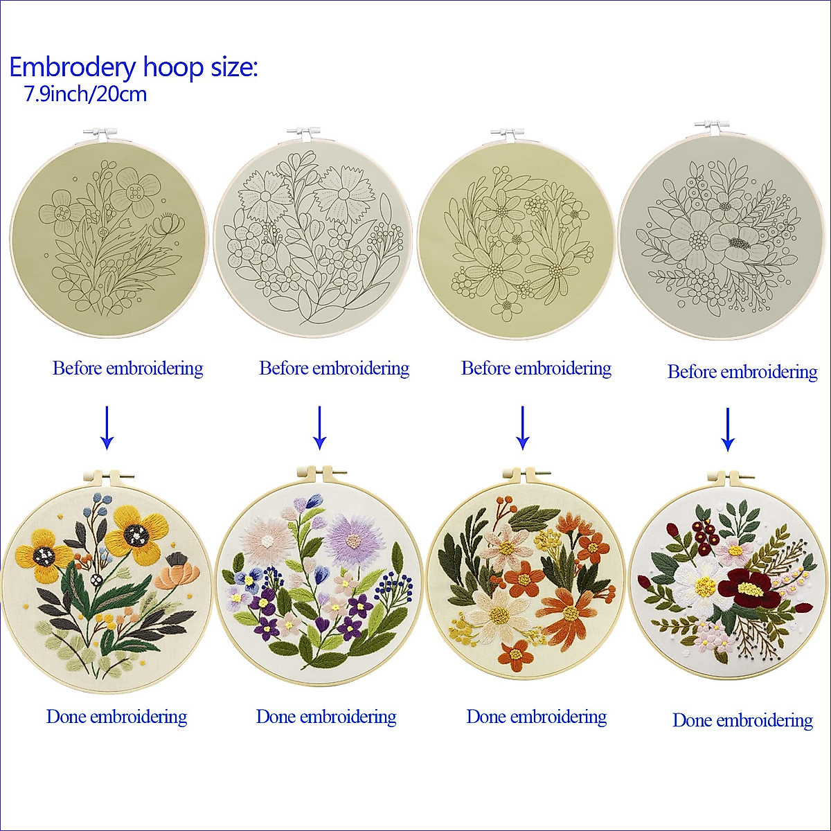 Bonroy 4 Sets Embroidery Kit for Beginners Art Craft Handy Sewing Include Embroidery Clothes with Pattern, Hoops, Instructions,Color Threads Needle Kit (Multi 1)