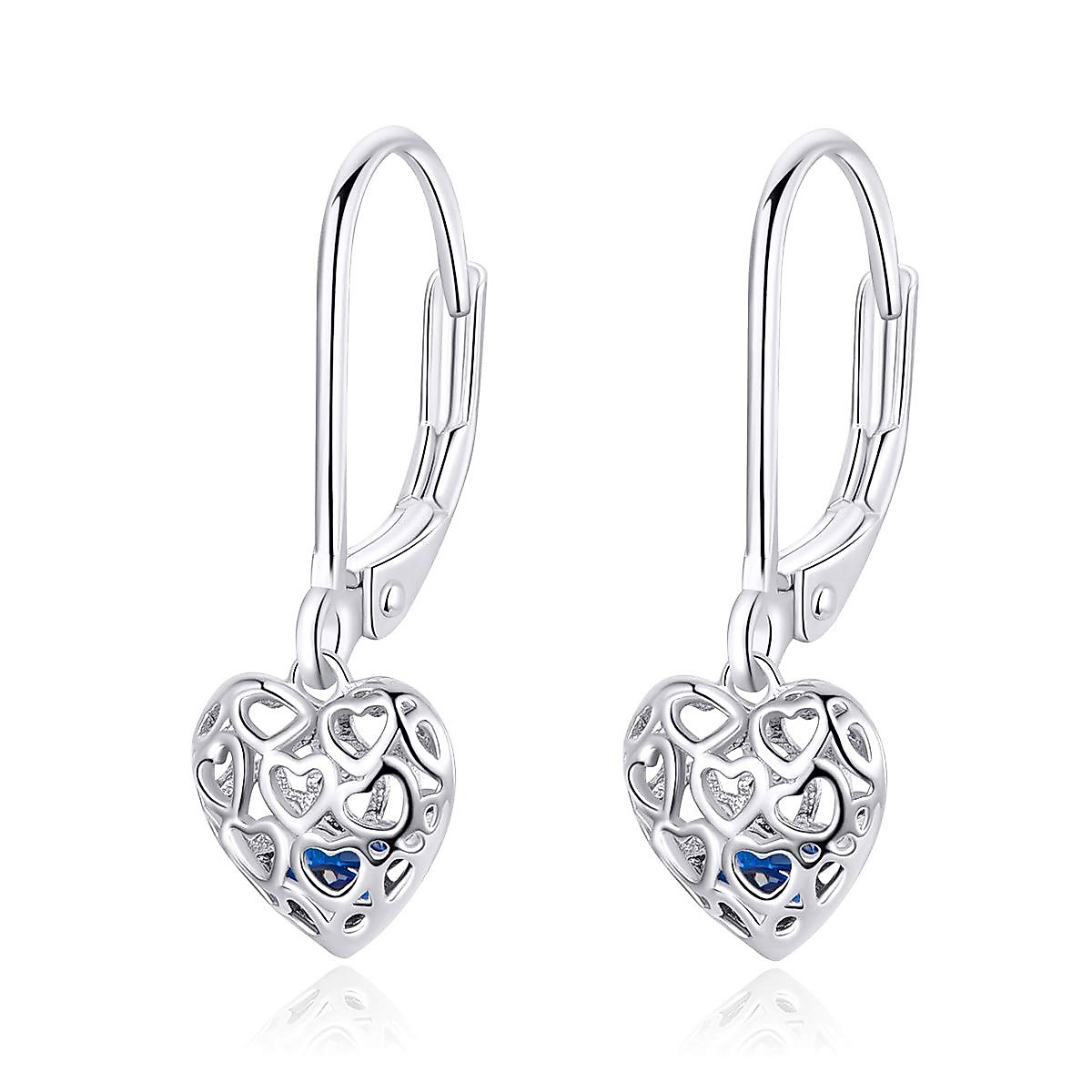 Dangle Drop Heart Hoop Earrings 925 Sterling Silver Dainty Hollow Out Bule Crystal Stud Leverback Earring Best Friend Cute Jewelry for Women