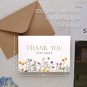 Liheheca Wildflower Thank You Cards with Envelopes,24 Pack Bulk,4x6 Inch,Kraft Envelopes,Wax Seal Stickers,Flower Greeting Cards for Baby Shower,Bridal Shower