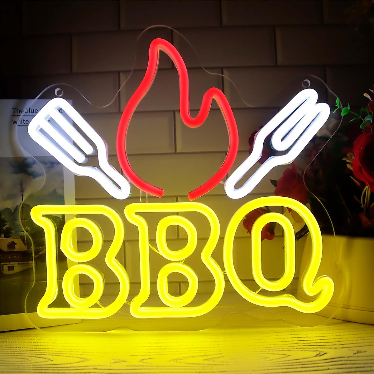MEOMO BBQ Neon Lights Kebab Led Neon Sign Barbecue Shop Open Sign Wall Mounted Night Light for Barbecue Restaurant Neon Art Wall Hanging Decorative Usb With Switch