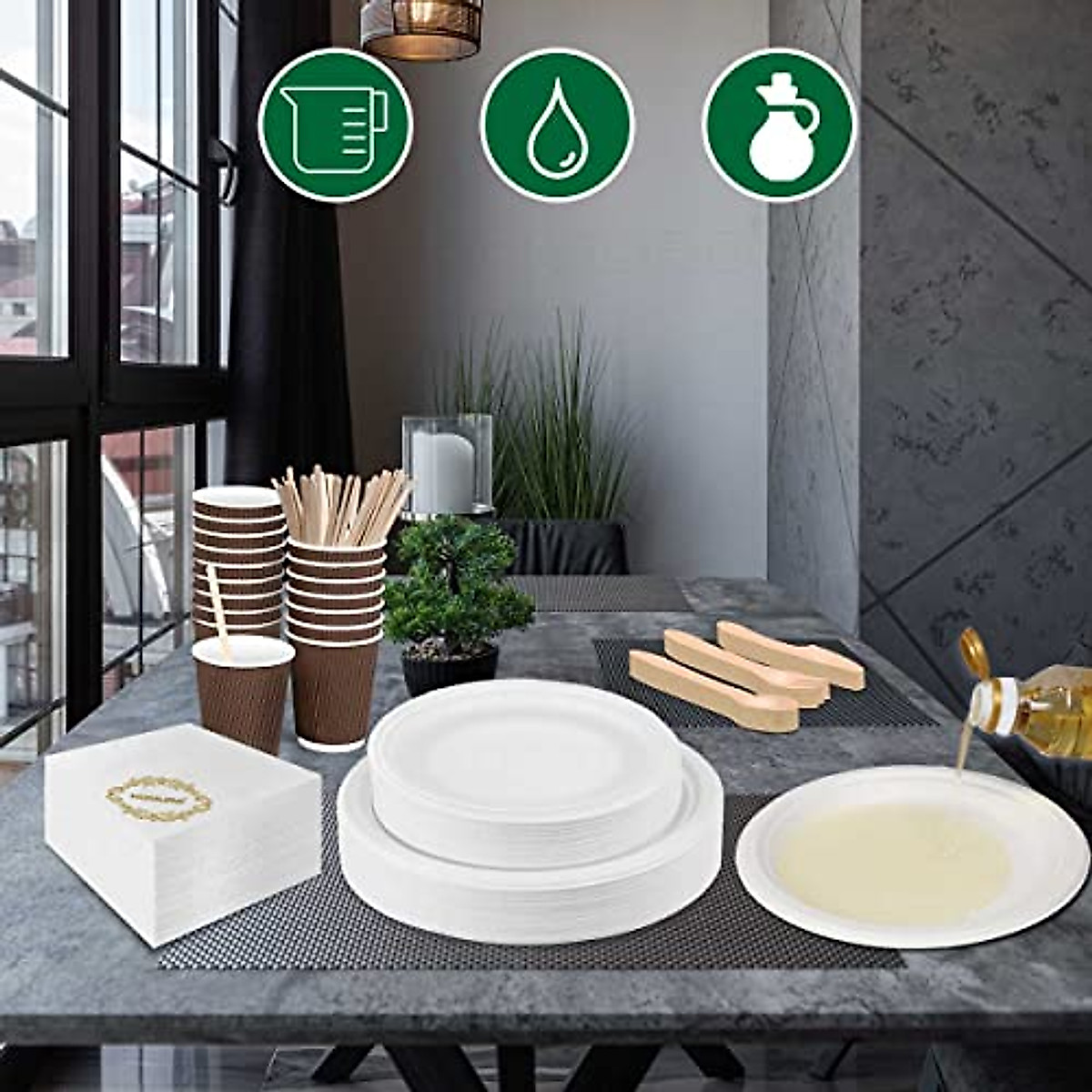 HOMURG Party Paper Plates and Napkins & Cups & Cutlery Set, 240 PCS Compostable Dessert & Dinner Plate + Napkin + Cup + Flatware, Disposable Christmas Birthday Plates and Napkins for 30 Guests