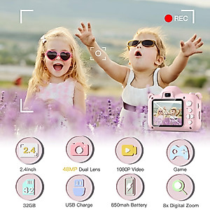 MEGNUT Kids Camera Koala Toys for 3-9 Years Girls Boys Toddler Digital Selfie Camera Video Camcorder Christmas Birthday Gifts for Children 1080P 48MP 2.4inch Screen with 32GB SD Card Pink