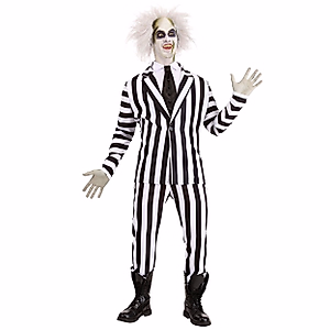 Plus Size Beetlejuice Costume - Black & White Striped Tuxedo Jacket, Pants, and Attached Shirt & Tie, Officially Licensed 3X
