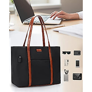 Laptop Tote Bag for Women Teacher Work Office USB Bags Fits 15.6 inches Laptop Lightweight Water Resistant Nylon Tote Bag (Black and Brown Strap)