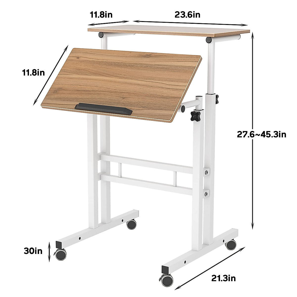 DlandHome Mobile Standing Desk Stand Up Desk Rolling Desk, Stand Sit Desk Mobile Computer Desk Adjustable Standing Desk 23.6inches Table Workstation Mobile Desk Cart Tray Oak