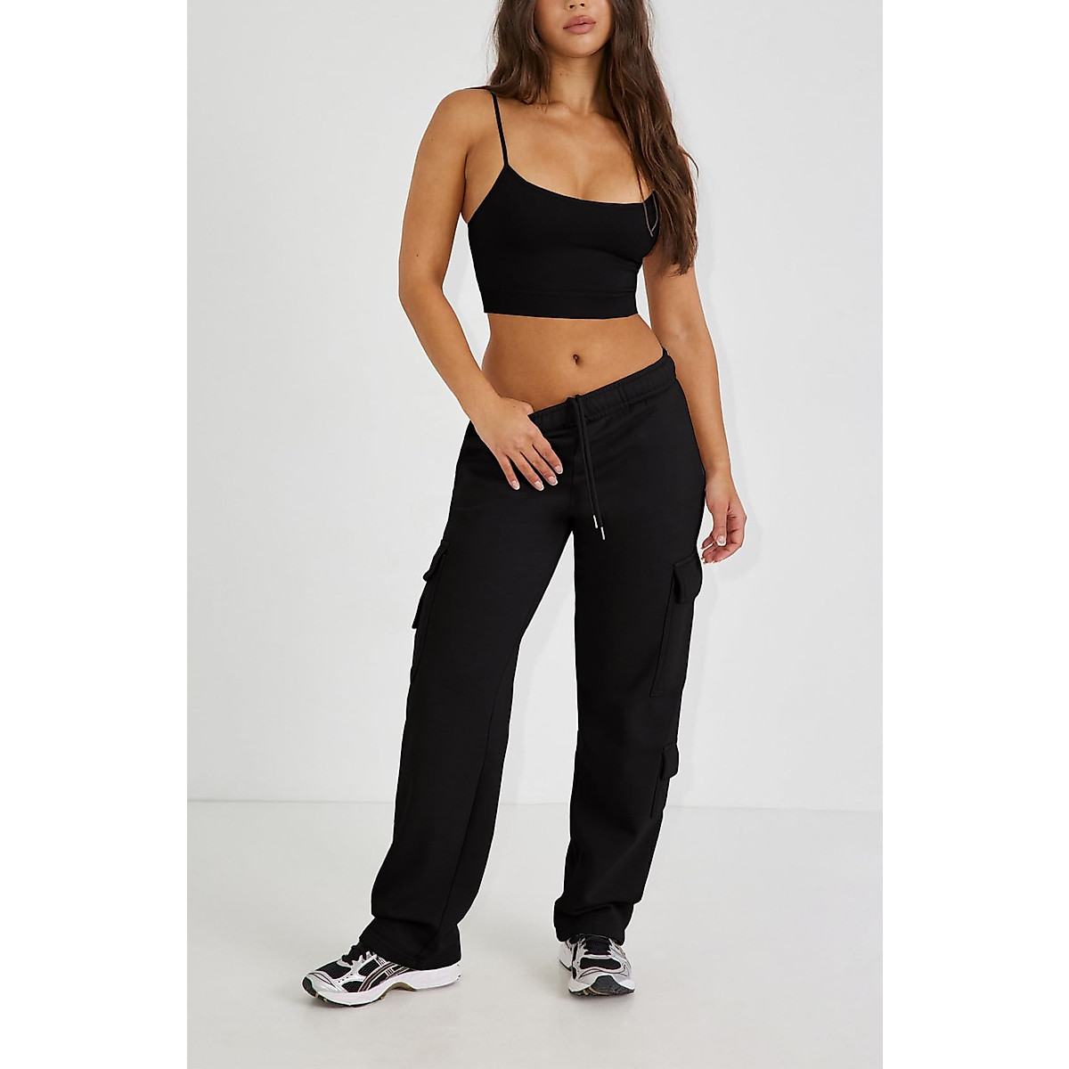 Waitfairy Womens Cargo Sweatpants Casual Baggy High Waisted Joggers Pants Fleece Sweat Pants with Pocket Black M