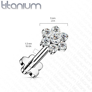 Dynamique Implant Grade Titanium Threadless Push In Flower Base Labret, Flat Back Studs With CZ Flower Top For Cartilage, Monroe (Sold Per Piece)