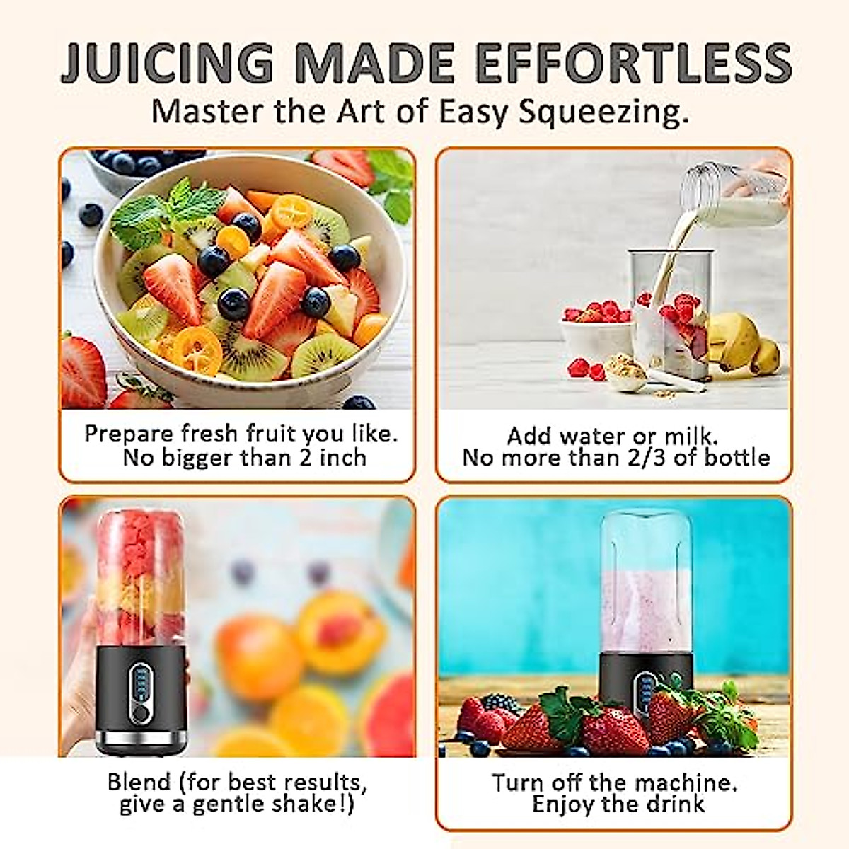 BESNOOW Portable Blender, Personal Blender for Shakes and Smoothies, 4000mAh USB Rechargeable, BPA Free 15.2 Oz 450ML Juicer Cup with 6 Blades and Lid, Portable Juicer for Kitchen/Travel/Gym(Black)