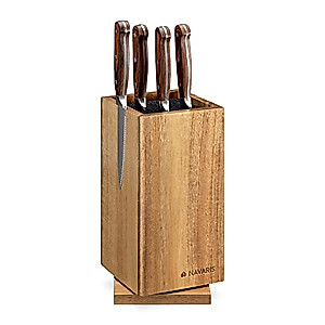 Navaris Rotating Wood Knife Block - Magnetic Universal Holder without Knives - Kitchen Storage with Plastic Bristles and Magnetic Sides - Acacia