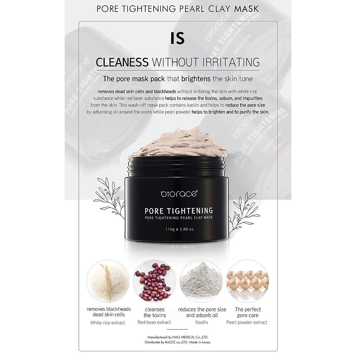 Biorace] Pore Tightening Pearl Clay Mask 110 g / 3.8 oz Tightens Pores + Sebum Control + Deep Cleanse [Made in KOREA]