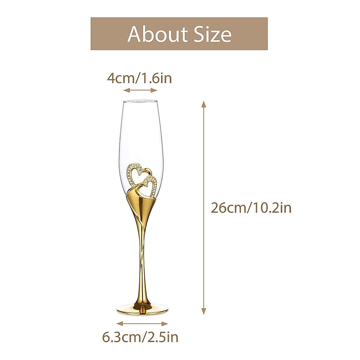 Wedding Champagne Glass Set Gold Toasting Flute Glasses Deluxe Pack of 2 with Rhinestone Rimmed Hearts Decoration for Wedding, Anniversary and Special Occasions