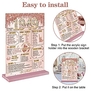 Bumqviy Happy 75th Birthday Decorations Back in 1949 Table Sign for Women, Pink Rose Gold 75 & Fabulous Birthday Two-Sided Wooden Poster with Stand, 75 Year Old Birthday Gift Party Supplies