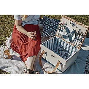 PICNIC TIME Boardwalk Picnic Basket for 2 - Romantic Picnic Basket - Picnic Set, (Beige Canvas with Navy Blue Accents)