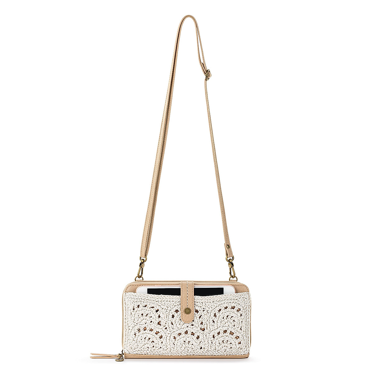 The Sak Iris Smartphone Crossbody Purse - Women's Cellphone Bag & Wallet For Everyday - Convertible Wristlet With Zipper in Natural Fan/Crochet