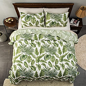 HORIMOTE HOME Tropical Plants Quilt Set King Size 3 Pieces, Green Palm Leaves Rainforest Style Fine Printed Reversible Bedspreads Bedding Sets, Soft and Lightweight Bed Coverlet for All Season