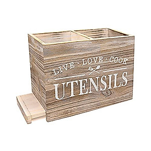 Karisky Kitchen Utensil Holder for Countertop, Farmhouse Solid Real Wood Utensil Caddy with Removable Bottom, 2 Compartments Utensil Crock Flatware Organizers for Kitchen, Nature