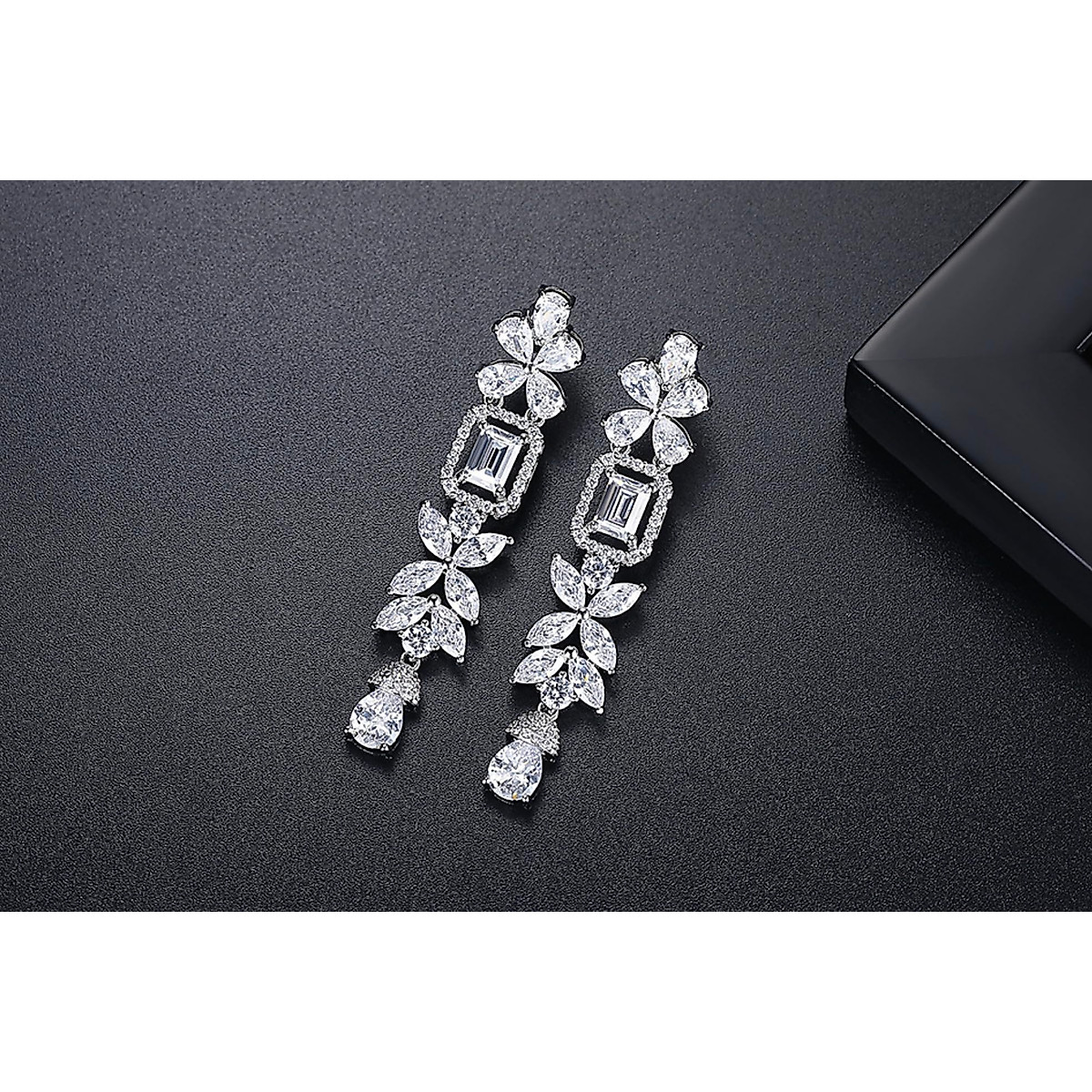 White Gold Plated Rectangle Square Shaped Crystal Wedding Bridal Bridesmaid Clear Cubic Zirconia Stud Dangle Earrings Fashion Jewelry for Women