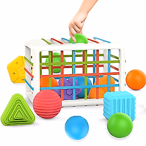 HOOLYUK Baby Shape Sorting Toy, Sensory Sorting Bin with Elastic Bands, Bands Colorful Shapes Sorter Sorting for Ages 12 Months and Up (12pcs)