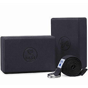 IUGA Yoga Block 2 Pack with Yoga Strap, High Density Yoga Blocks 9”x6”x3”to Improve Strength, Flexibility and Balance, Light Weight and Non-Slip Surface for Yoga, Pilates and Meditation