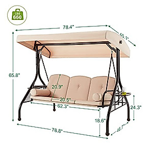 GYUTEI 3-Seat Outdoor Patio Swing Chair,Porch Swing Chair with Adjustable Backrest and Canopy,Outdoor Porch Swing Glider Chair,w/Cushions,Pillows and Cup Holders for Porch,Backyard(Khaki)