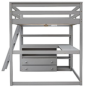 ODC Full Size Loft Bed with Desk and Shelves, Solid Wood Loft Bed Frame with 2 Storage Drawers for Teens,Boys, Girls, Adults, No Box Spring Needed