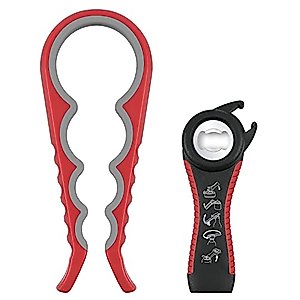 Elyum Jar Opener, 5 in 1 Bottle Opener Multi-Function Can Opener with Silicone Handle, Jar Opener for Weak Hands, Seniors with Arthritis, Lid Opener for Children (Red, 2-Piece Set)