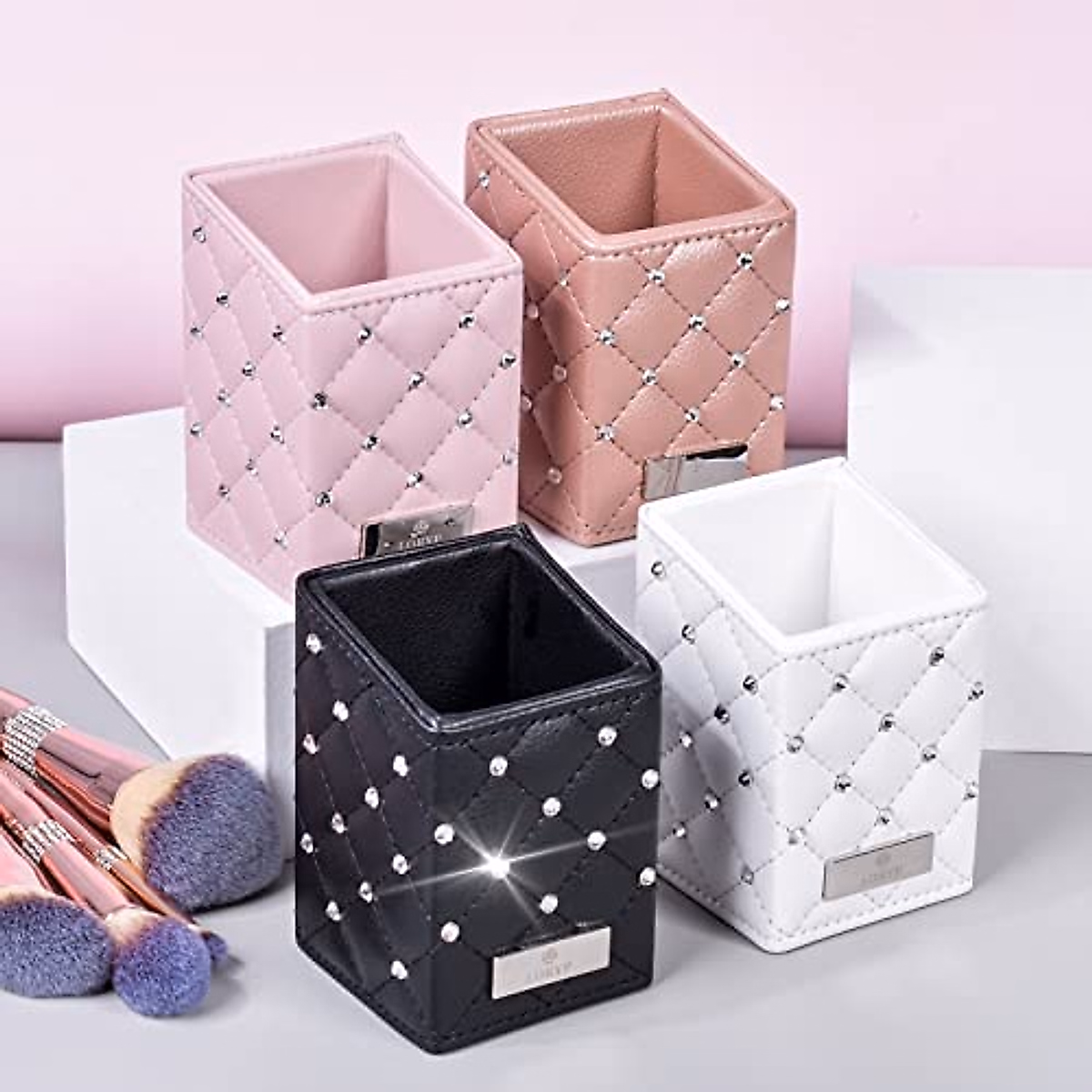 LORYP Makeup Brush Holder Crystal Brushes Cup Pink PU Make up Brush Case Bag Storage for Women