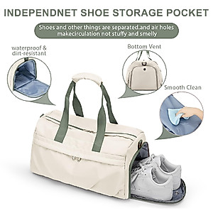 Gym Bag for Women Small Travel Duffle Bag with Shoe Compartment, Waterproof Sports Carry on Bag with yoga Mat Trolley Sleeve, Tote Bags, Beige Green