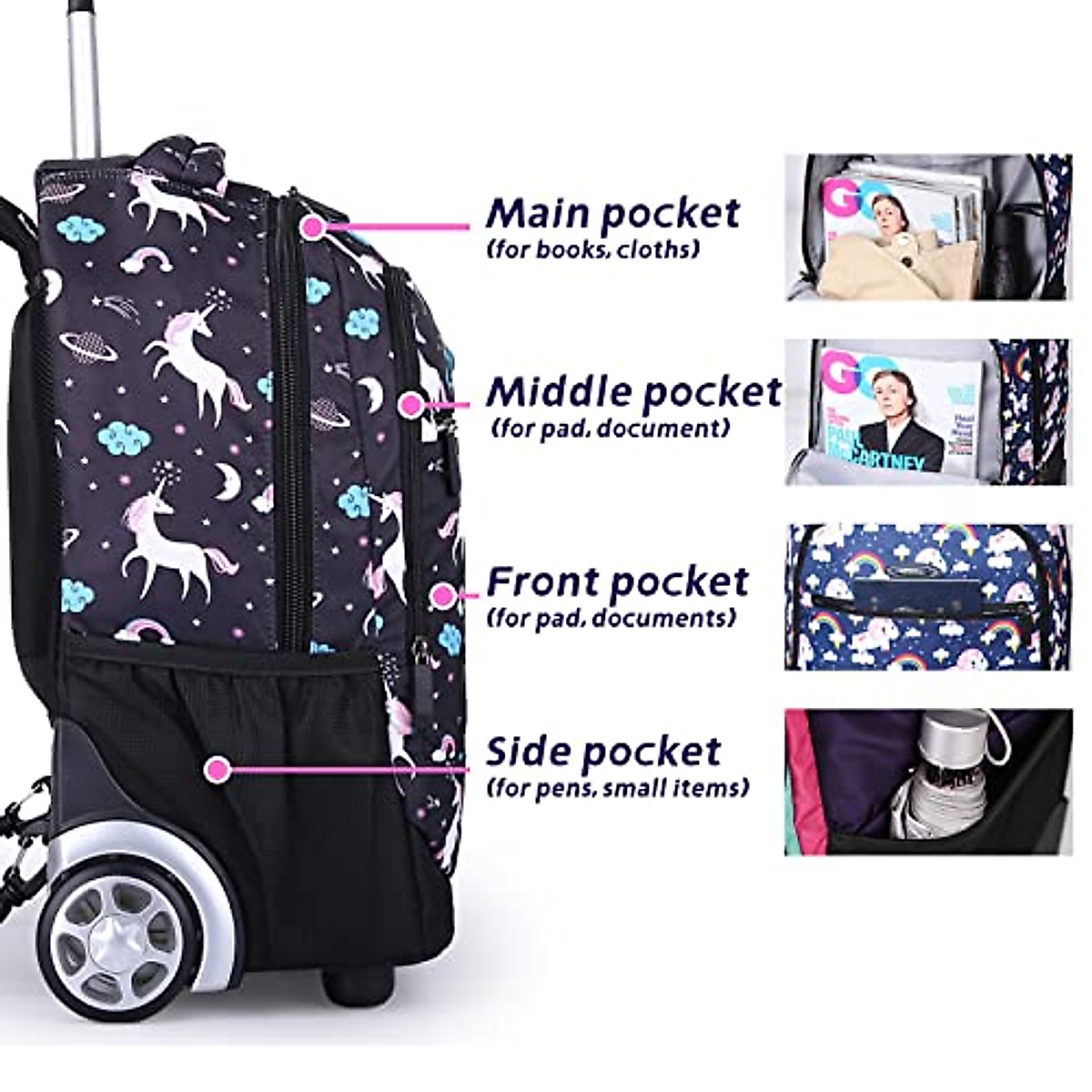 Tanou Rolling Backpack for Kids Adults, 18" Waterproof Backpack with Wheels for Girls Boys, Roller Bookbags for School Travel, Age 7+, Black Horse