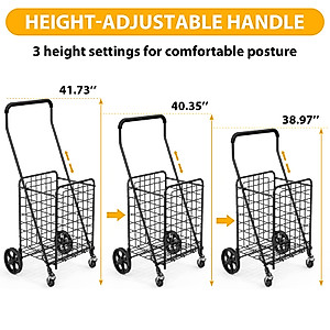 Kiffler Grocery Shopping Cart with 360° Rolling Swivel Wheels Utility Cart Easily Collapsible Cart 66lb Extended Foam Cover, Trolley for Laundry,Groceries,Travel Black (Medium)