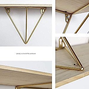 PIBM Stylish Simplicity Shelf Wall Mounted Floating Rack Shelves Iron Art Metal Solid Wood Storage Display Stand Triangle Bracket Living Room Restaurant,4 Sizes, Gold , C119x20.5x20cm