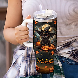 Hyturtle Personalized Halloween Black Cat Tumbler - Gifts For Cat Lovers - Black Cat Gift For Women - Spooky Season Cat Gift - Meoky Halloween Tumbler - Custom Travel Coffee Cup 40oz Lid And Straw