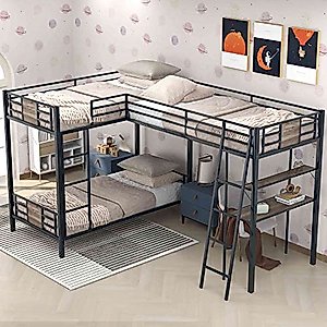 Cotoala Metal Triple Bunk Bed with Desk and Shelf, L-Shaped Bunkbed Attached Twin Size Loft Bedframe, for 3 Kids/Teens/Adults, Brown