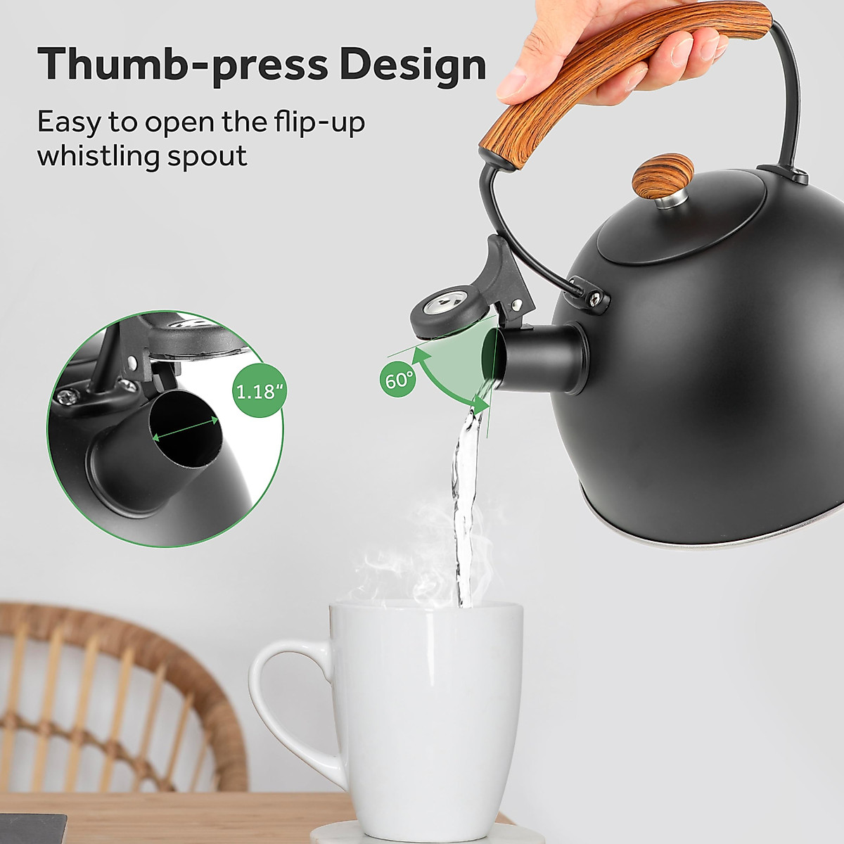 YSSOA Whistling Stovetop Tea Kettle, 3.2 Quart Stainless Steel Teapot with Cool Touch Ergonomic Handle, Hot Water Fast to Boil, Black